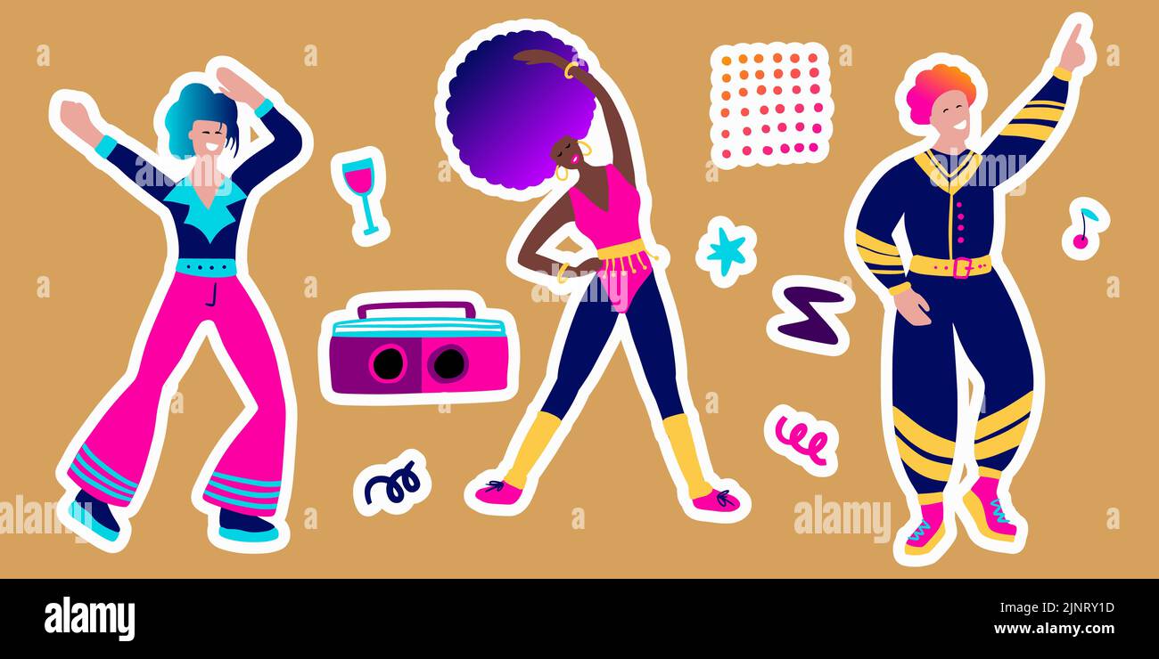 80s retro music party sticker set. Groovy funky character disco dance ...