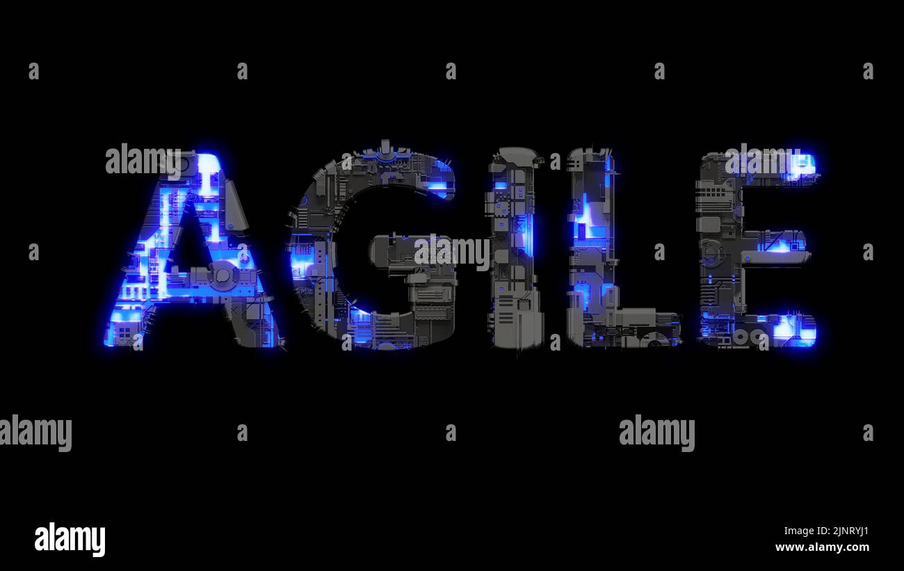 modern cybernetic text AGILE shining blue electric light, isolated ...