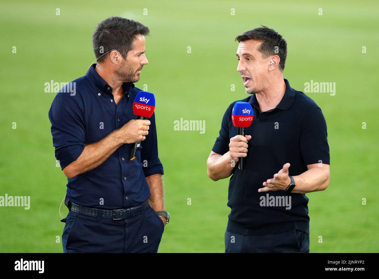 Sky Sport's pundit Gary Neville (right) and Jamie Redknapp after the ...
