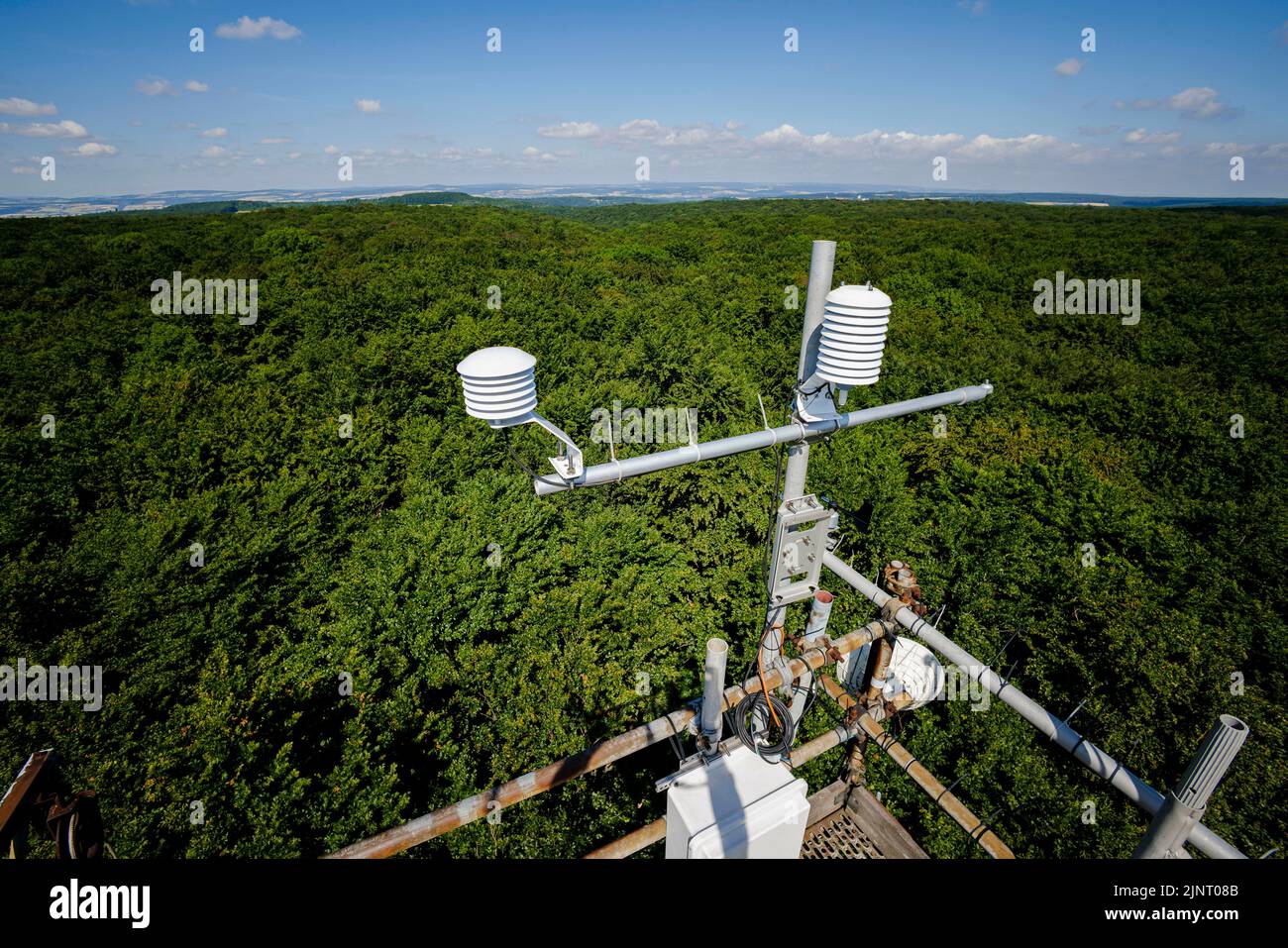 A hygrometer for recording air temperature and relative humidity hangs ...