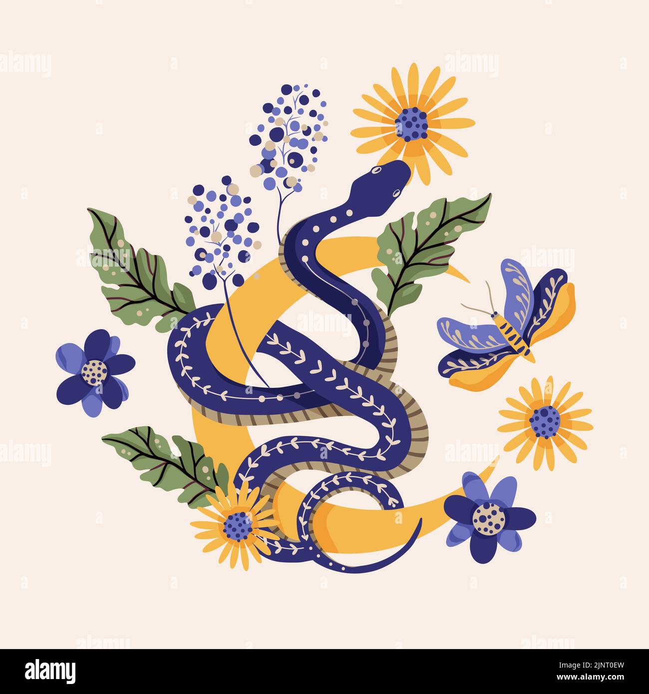 Snake and moon illustrations vector retro design alchemy flower. Python ...