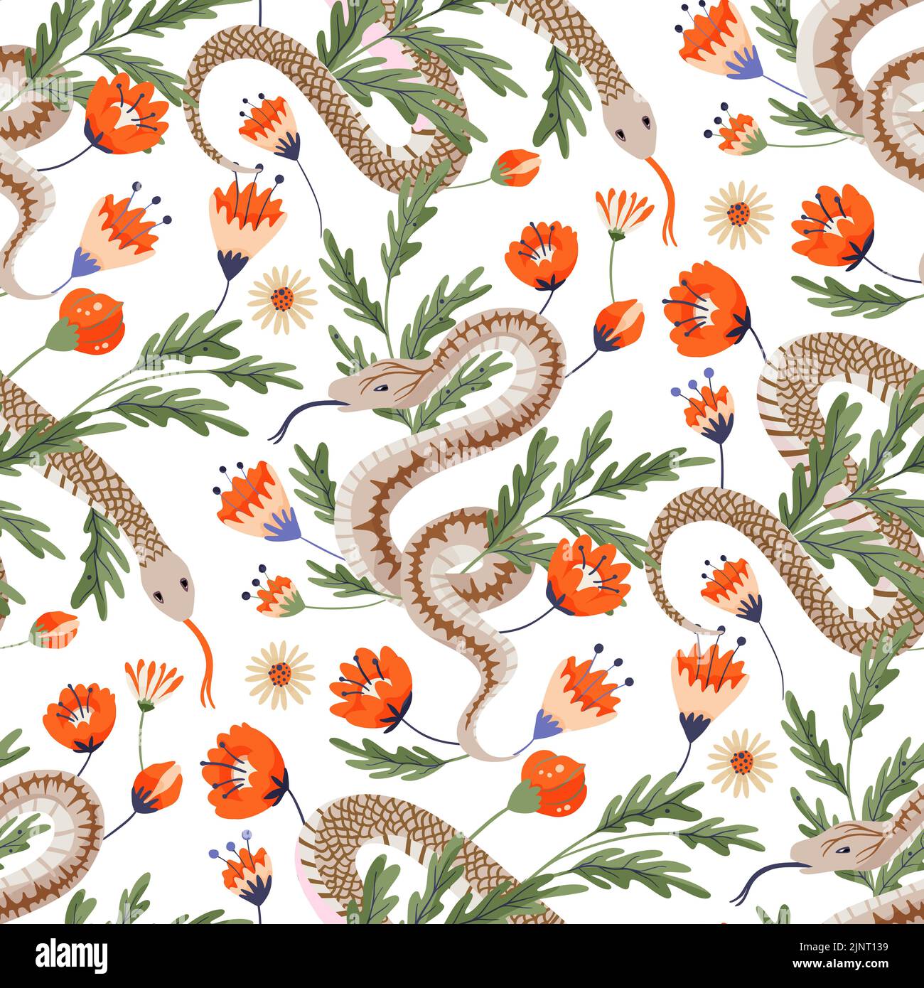 Snake and flower vintage seamless pattern. Tropical animal and rose ...