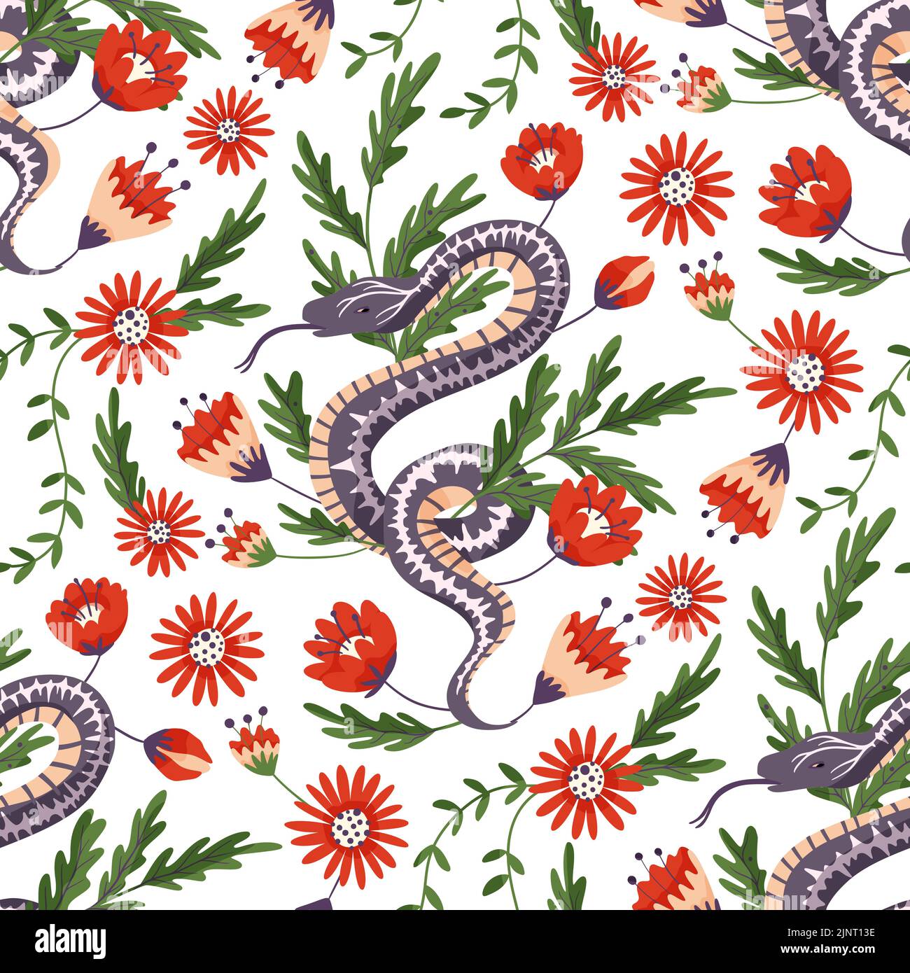 Snake and flower vintage seamless pattern. Tropical animal and rose ...
