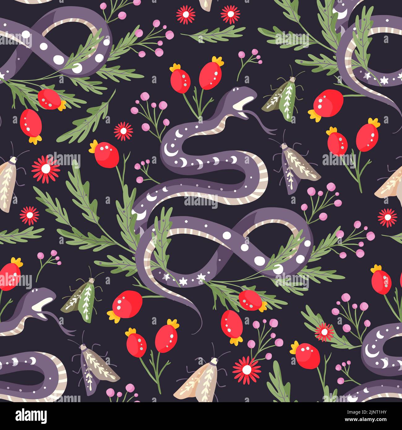 Snake and flower vintage seamless pattern. Tropical butterfly animal ...