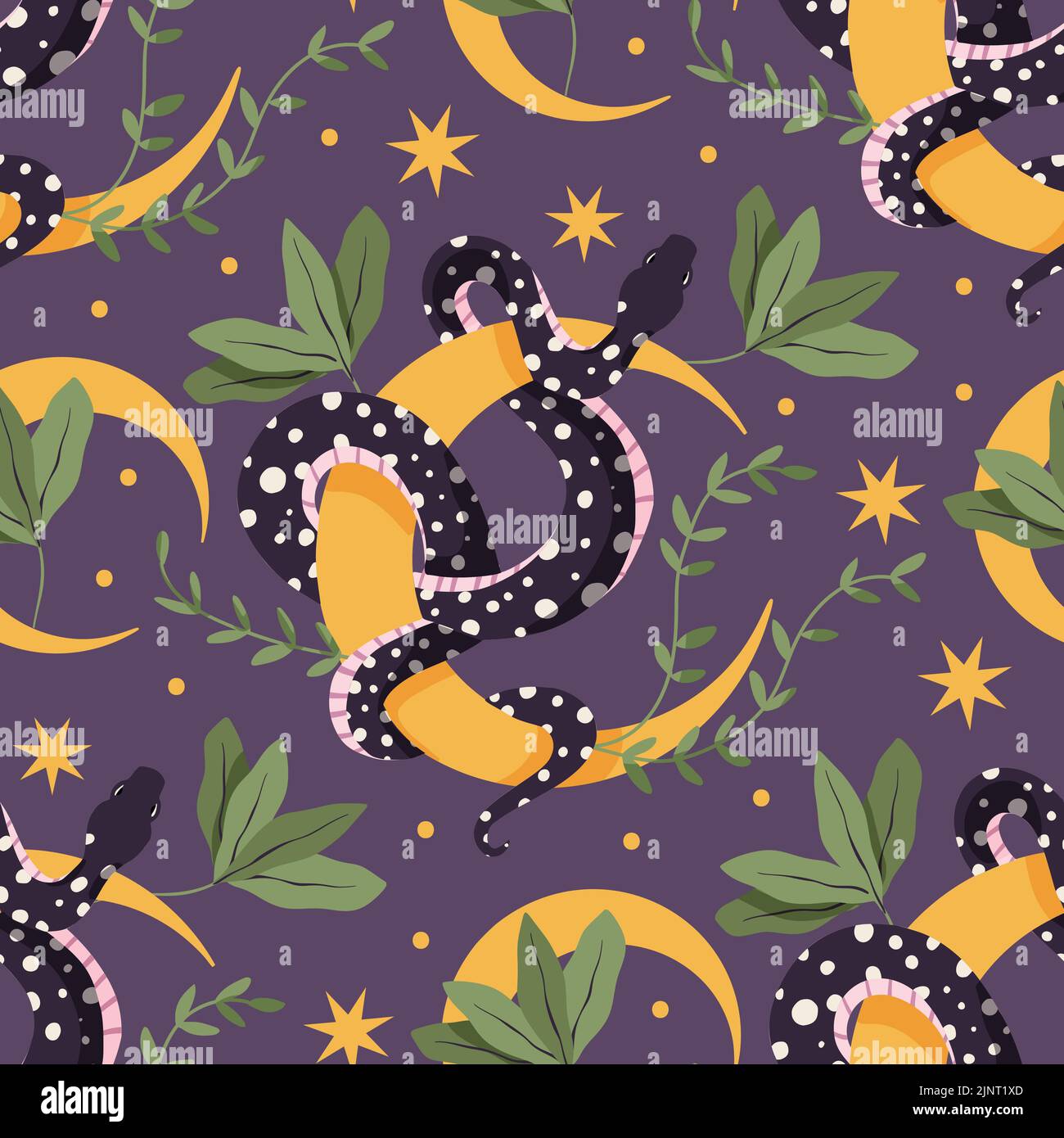 Snake and flower vintage seamless pattern. Tropical animal and moon ...