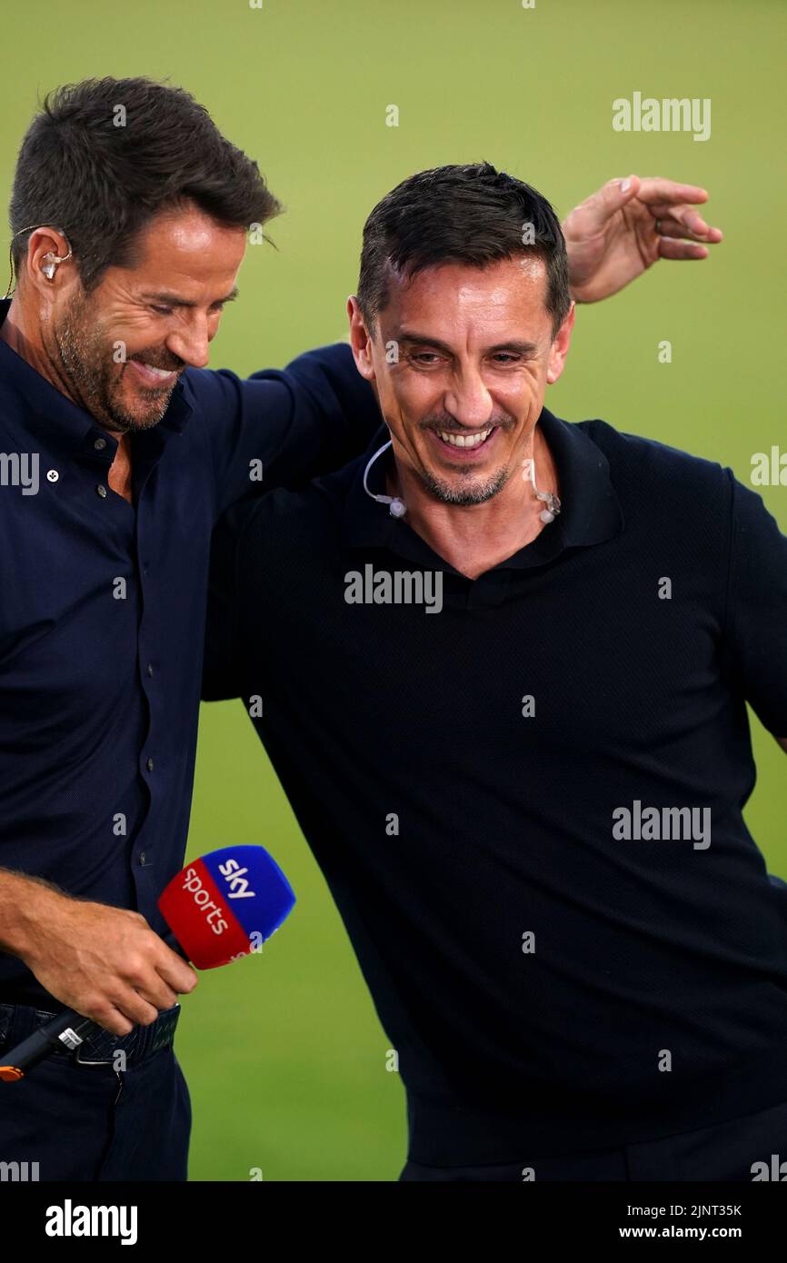 Sky Sport's pundit Gary Neville (right) and Jamie Redknapp after the ...