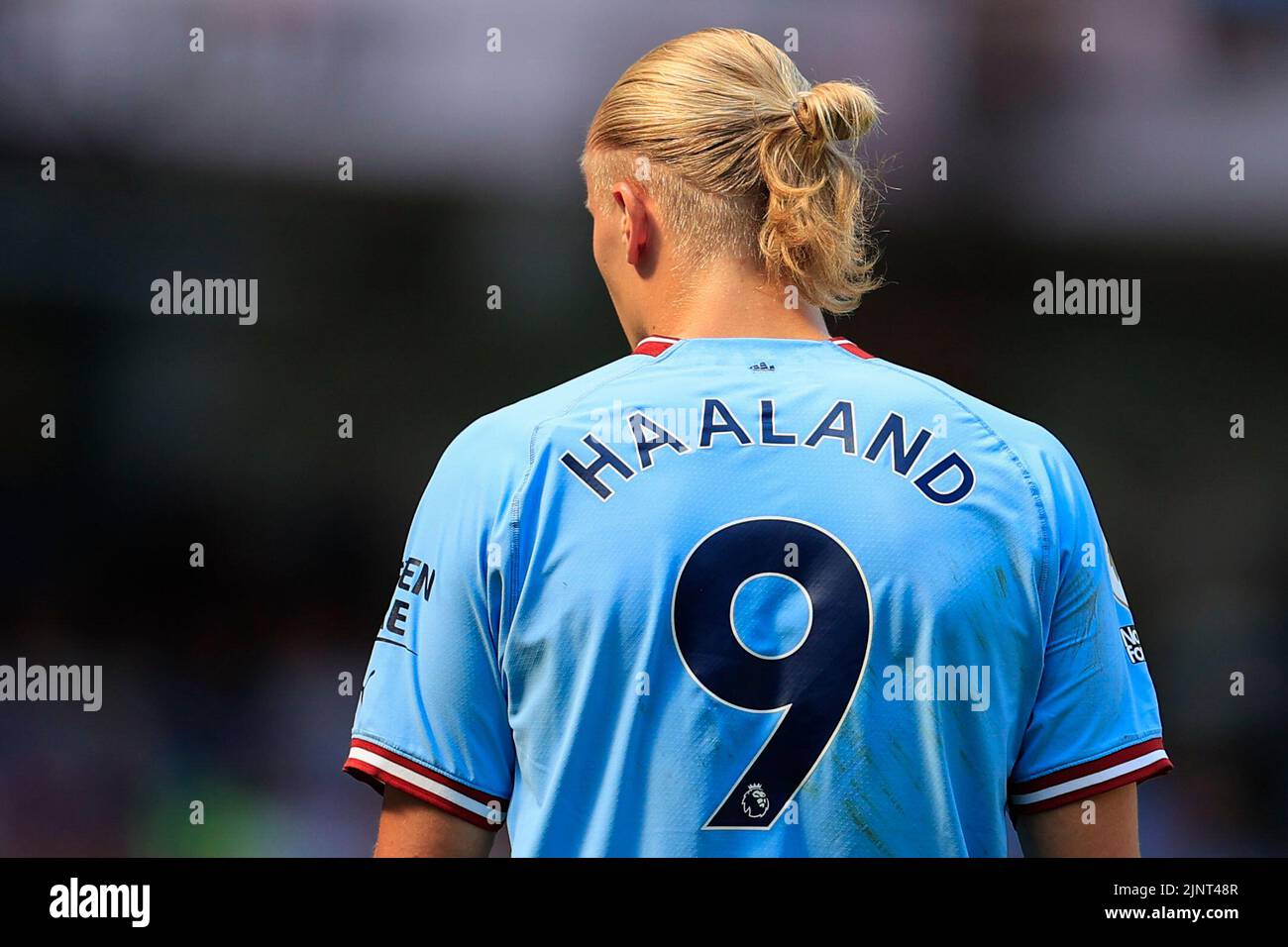 Erling Haaland #9 of Manchester City, rear view, in action during the ...