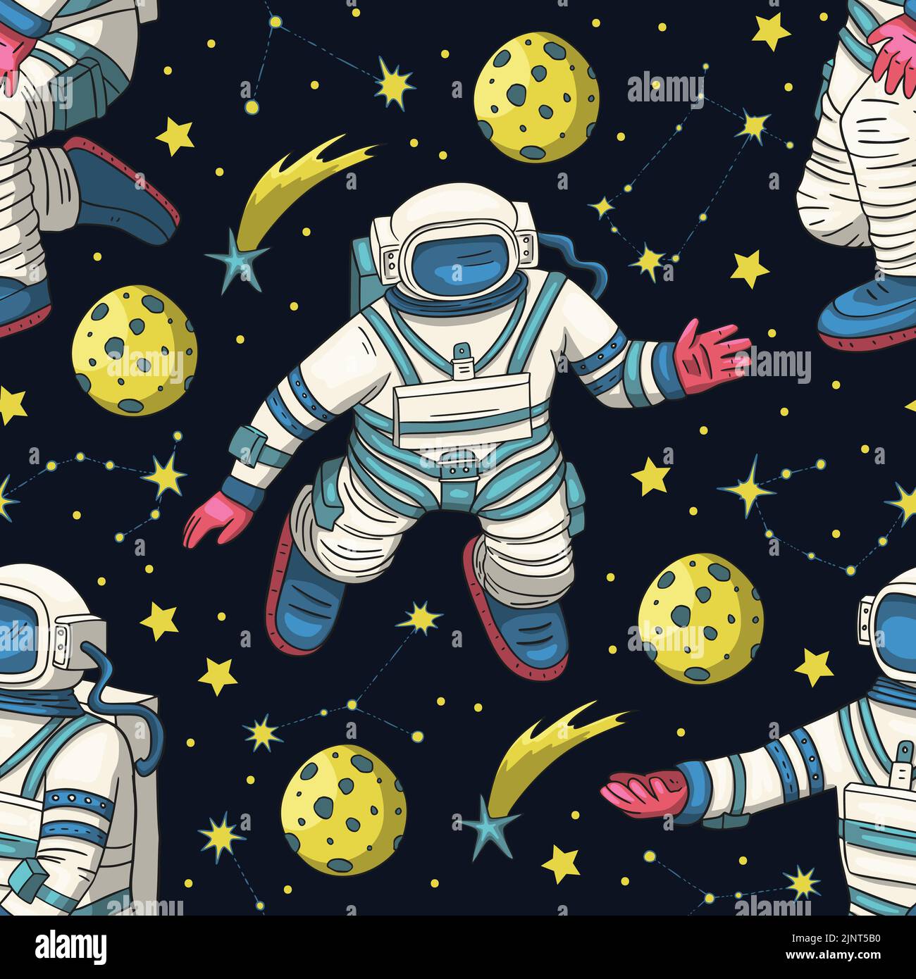 Astronaut seamless space vector pattern. Kids doodle print moon texture ...