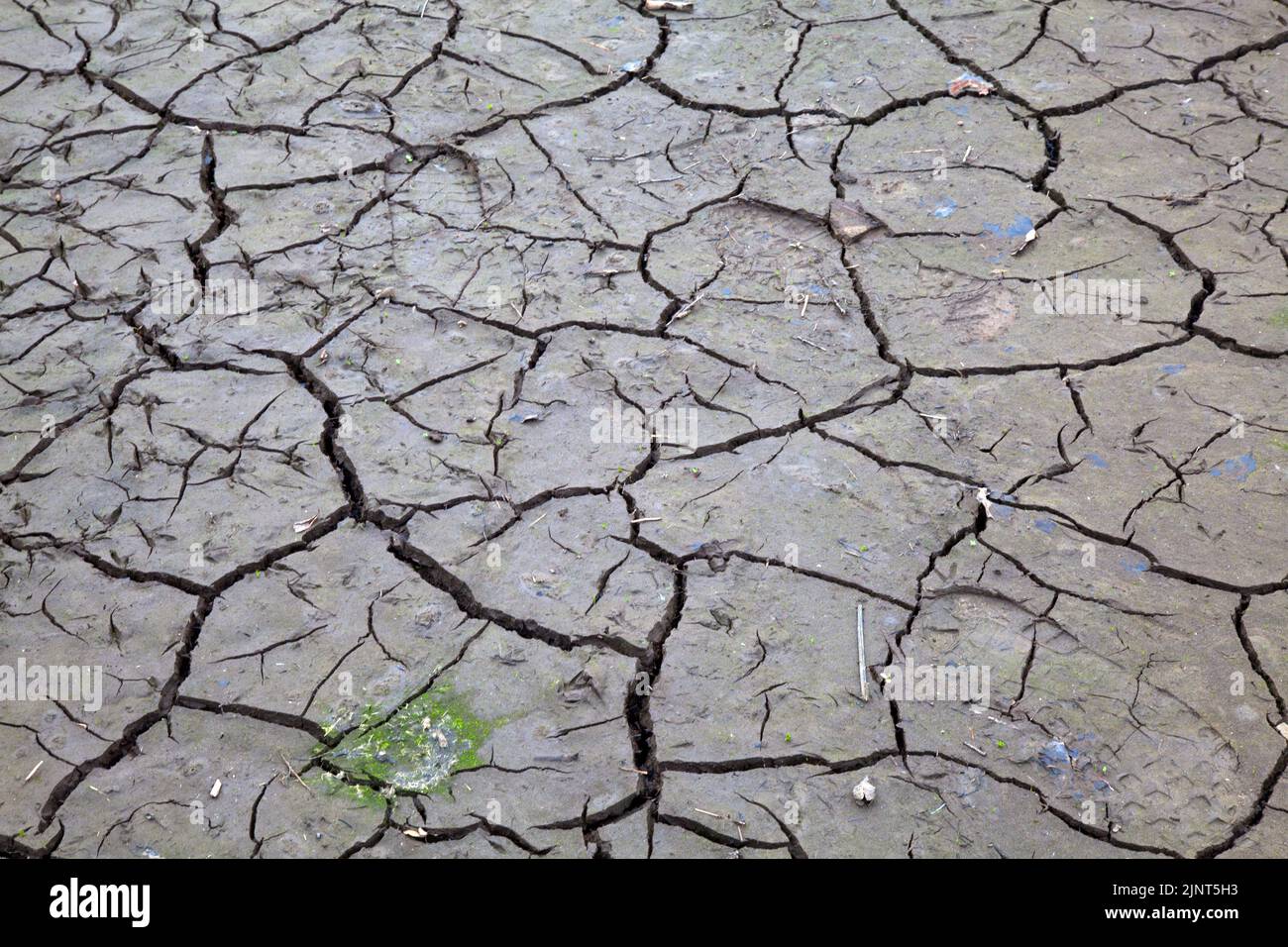 looking down at the dry mud cracks at Ladybower reservoir, Peak ...