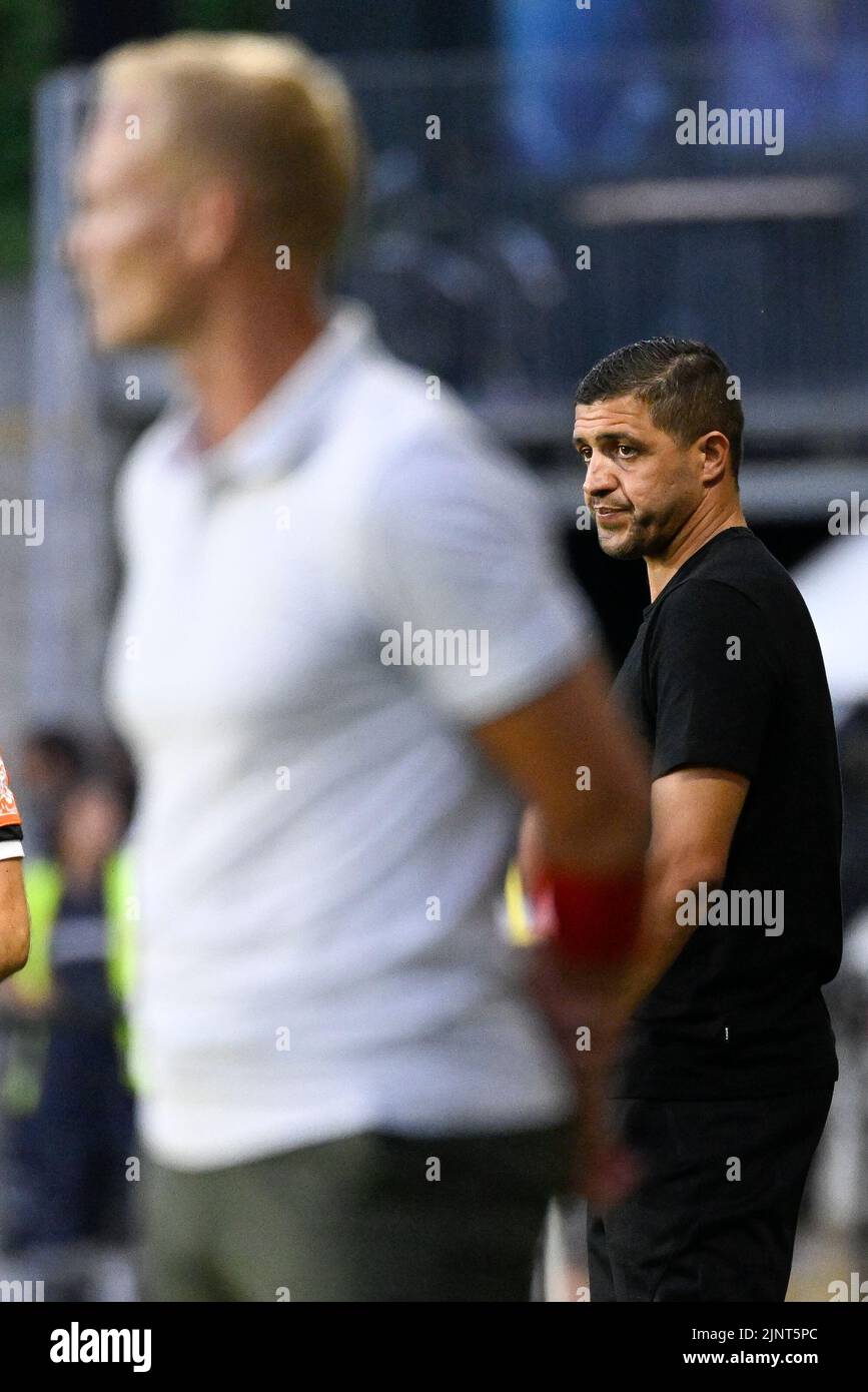 Kortrijk's head coach Karim Belhocine pictured during a soccer match ...