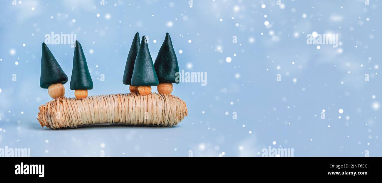 Minimal Happy New Year and Merry Christmas scene with snow and trees ...