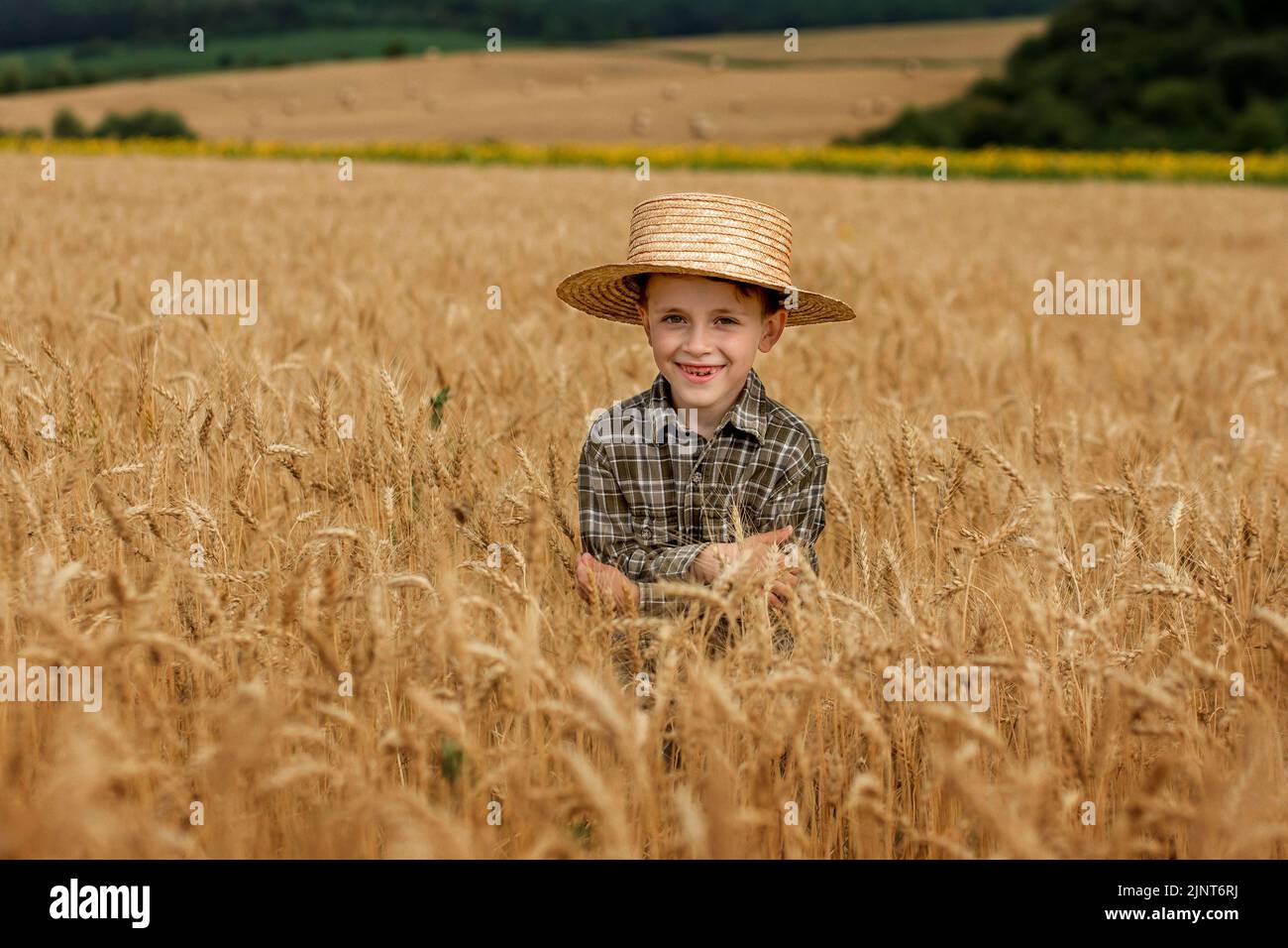 A smiling little farmer boy in a plaid shirt and straw hat poses for a ...