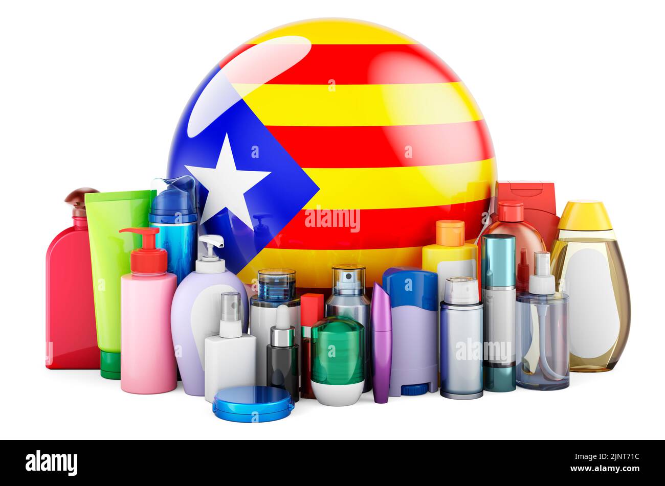 Catalan flag with cosmetic bottles, Hair, facial skin and body care ...