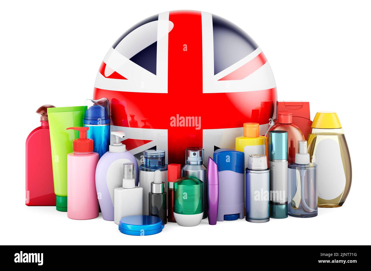 British flag with cosmetic bottles, Hair, facial skin and body care ...