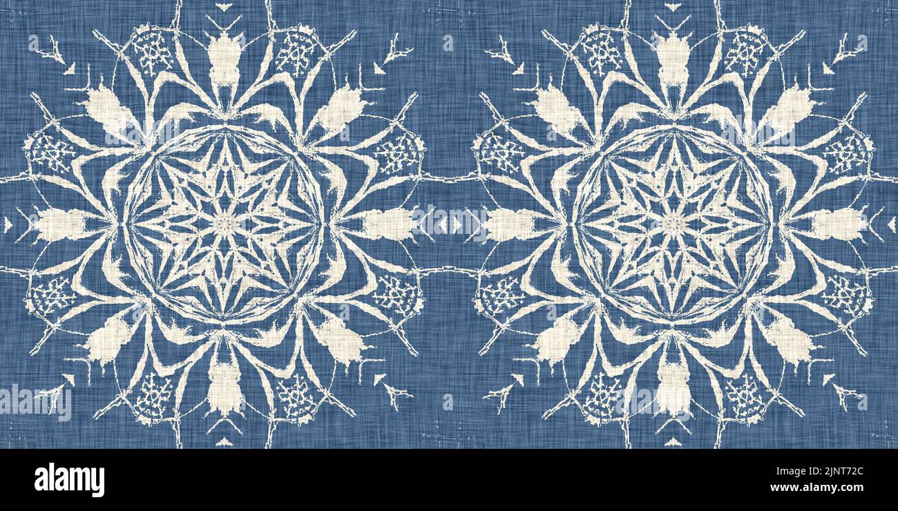 Farmhouse blue snow flake border background. Frosty batik french effect ...
