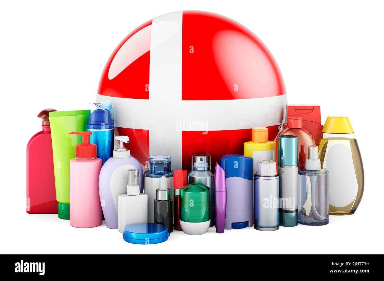 Danish flag with cosmetic bottles, Hair, facial skin and body care ...