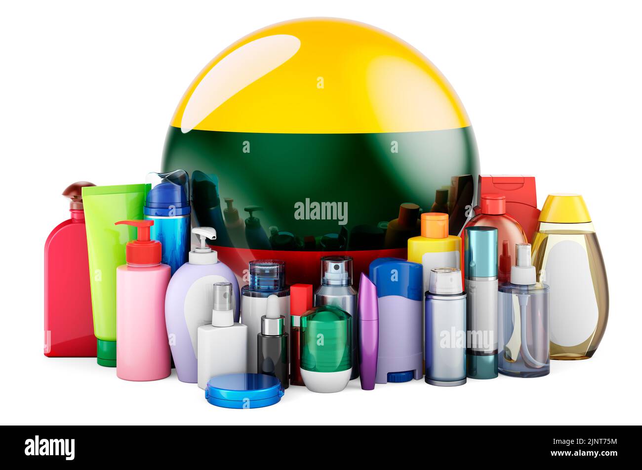 Lithuanian flag with cosmetic bottles, Hair, facial skin and body care ...