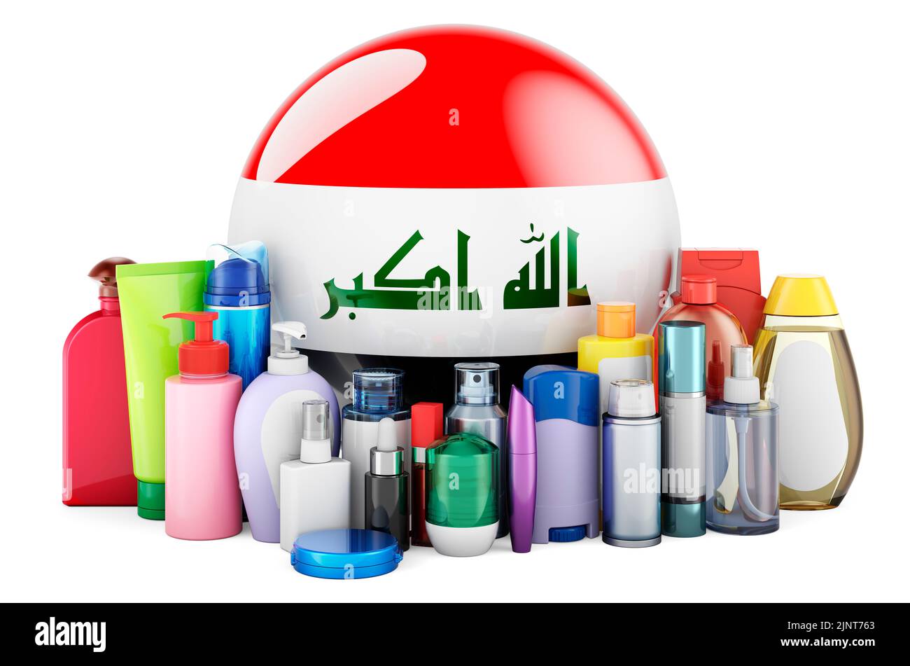 Iraqi flag with cosmetic bottles, Hair, facial skin and body care ...