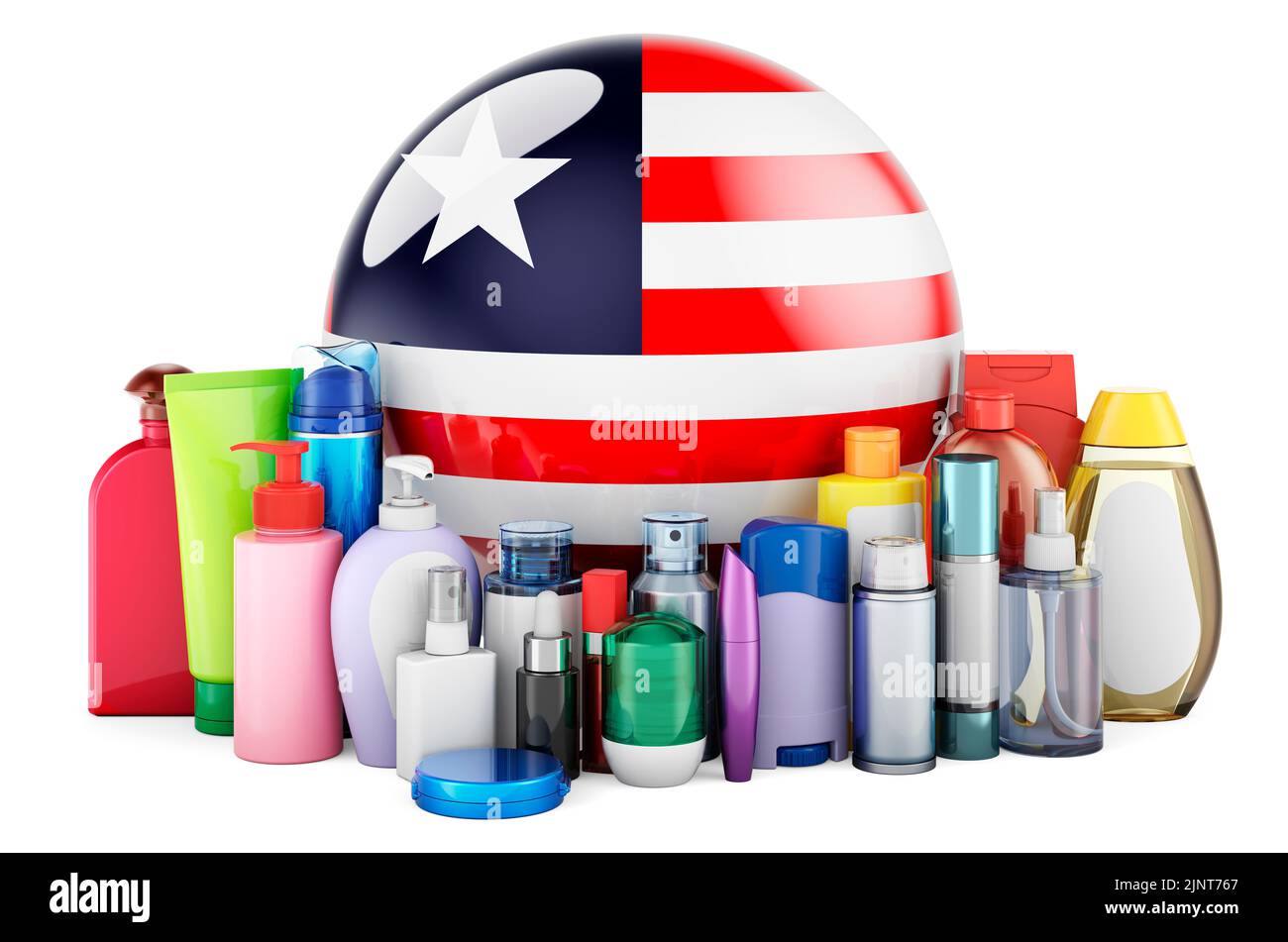 Liberian flag with cosmetic bottles, Hair, facial skin and body care ...