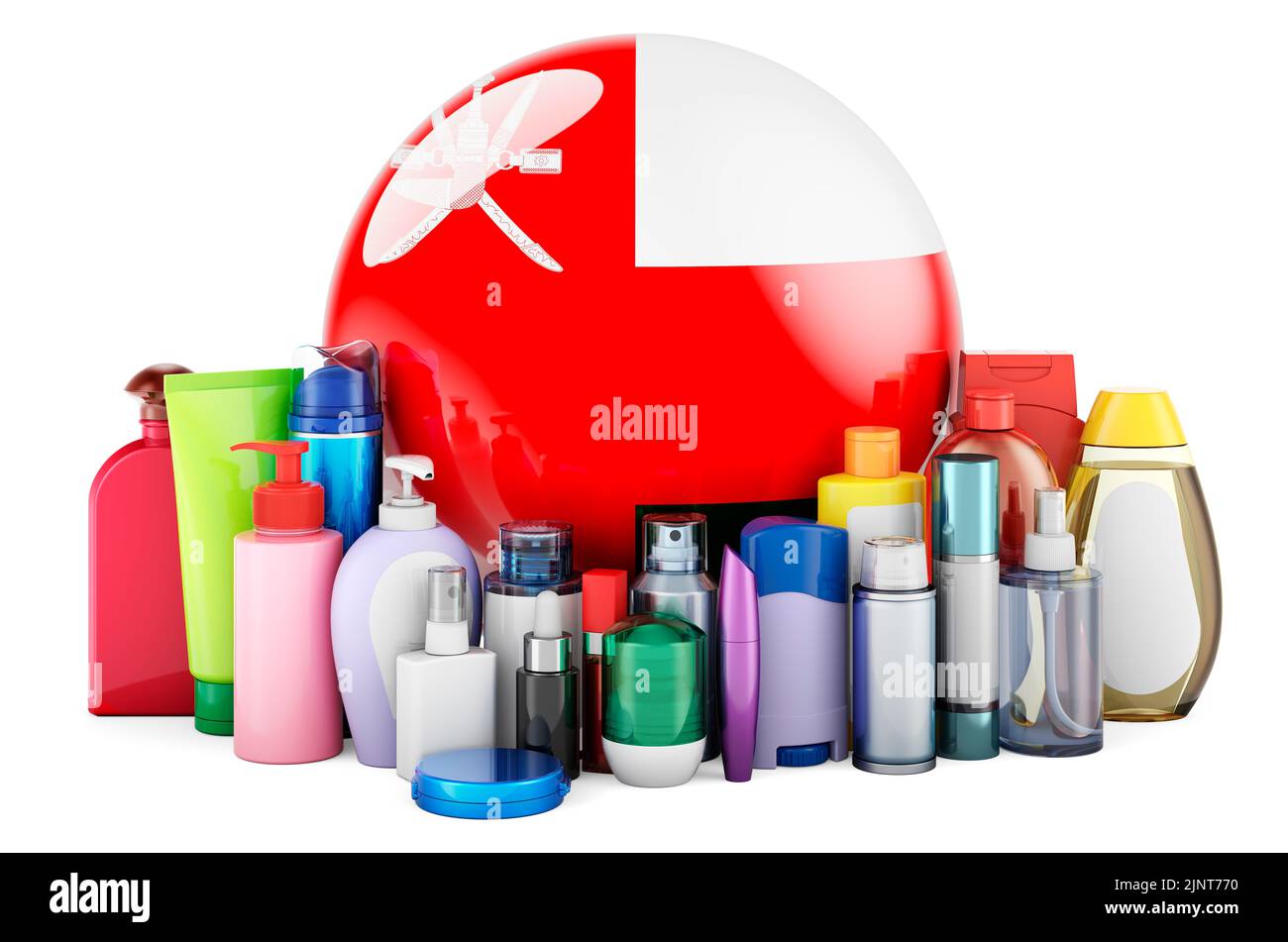 Omani flag with cosmetic bottles, Hair, facial skin and body care ...