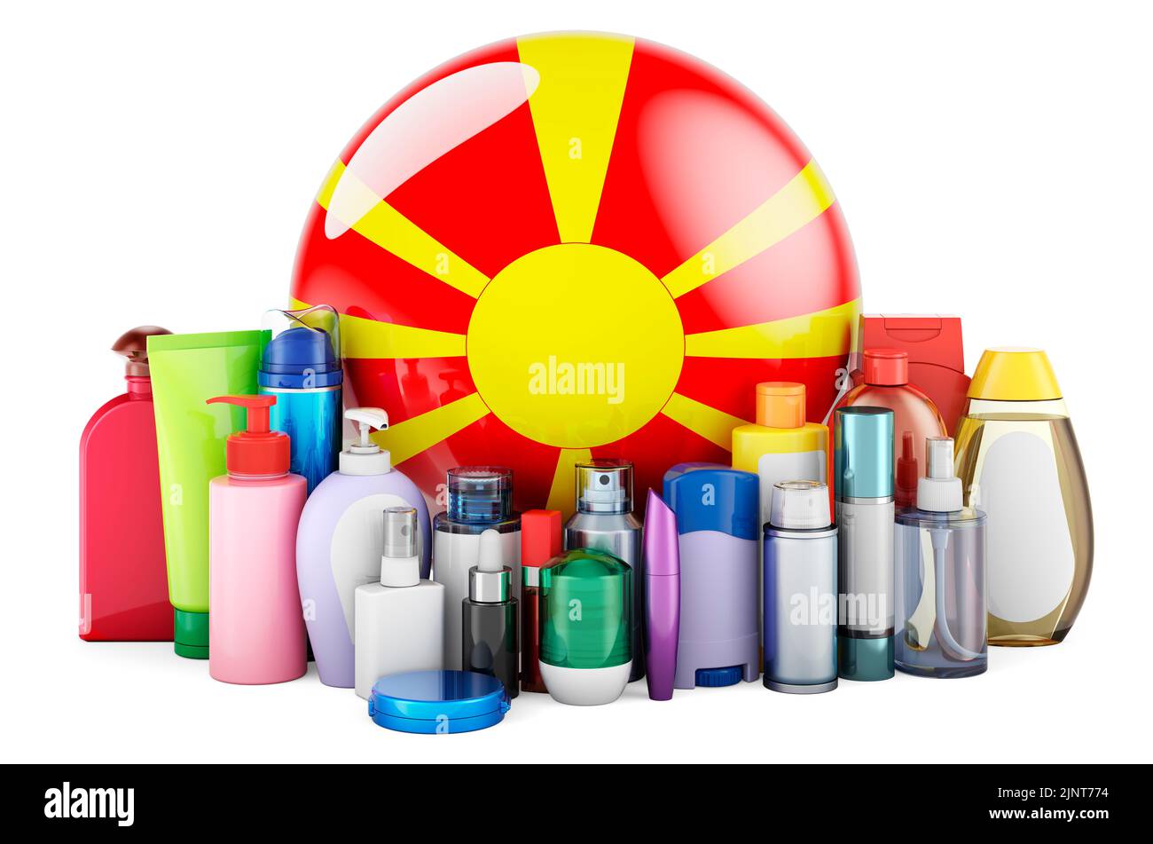 Macedonian Flag With Cosmetic Bottles Hair Facial Skin And Body Care Products 3d Rendering