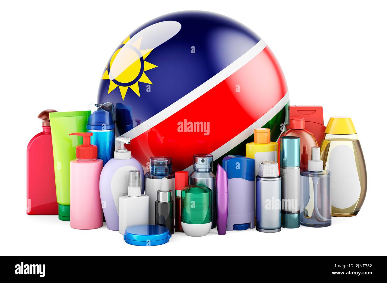Namibian flag with cosmetic bottles, Hair, facial skin and body care ...