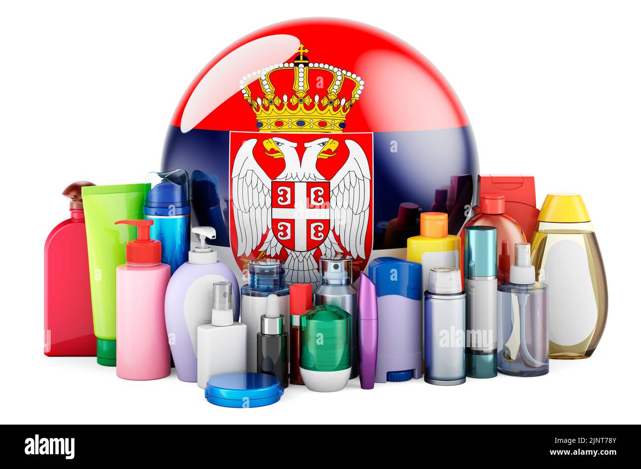 Serbian flag with cosmetic bottles, Hair, facial skin and body care ...