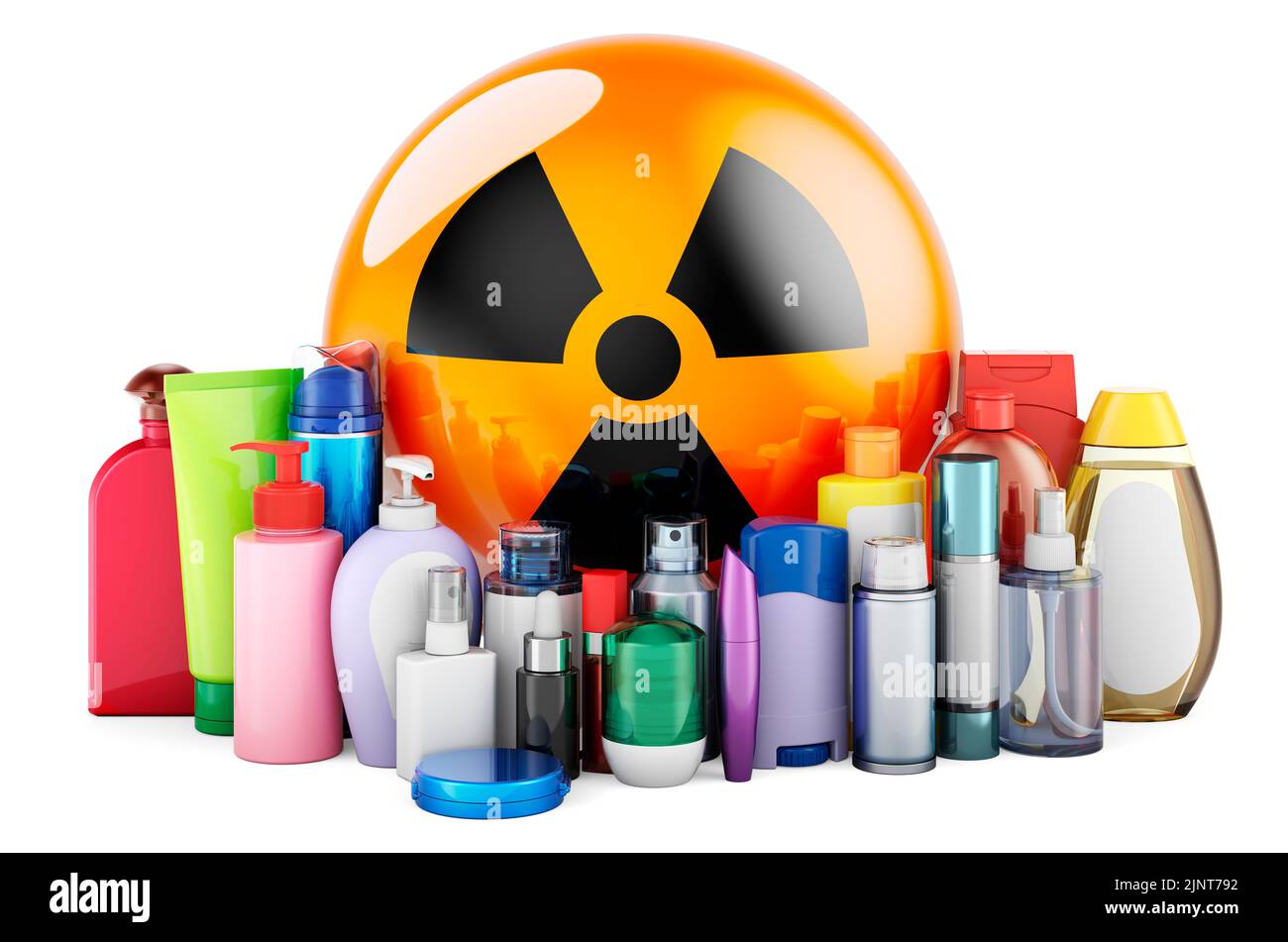 Radiation symbol with cosmetic bottles, 3D rendering isolated on white ...