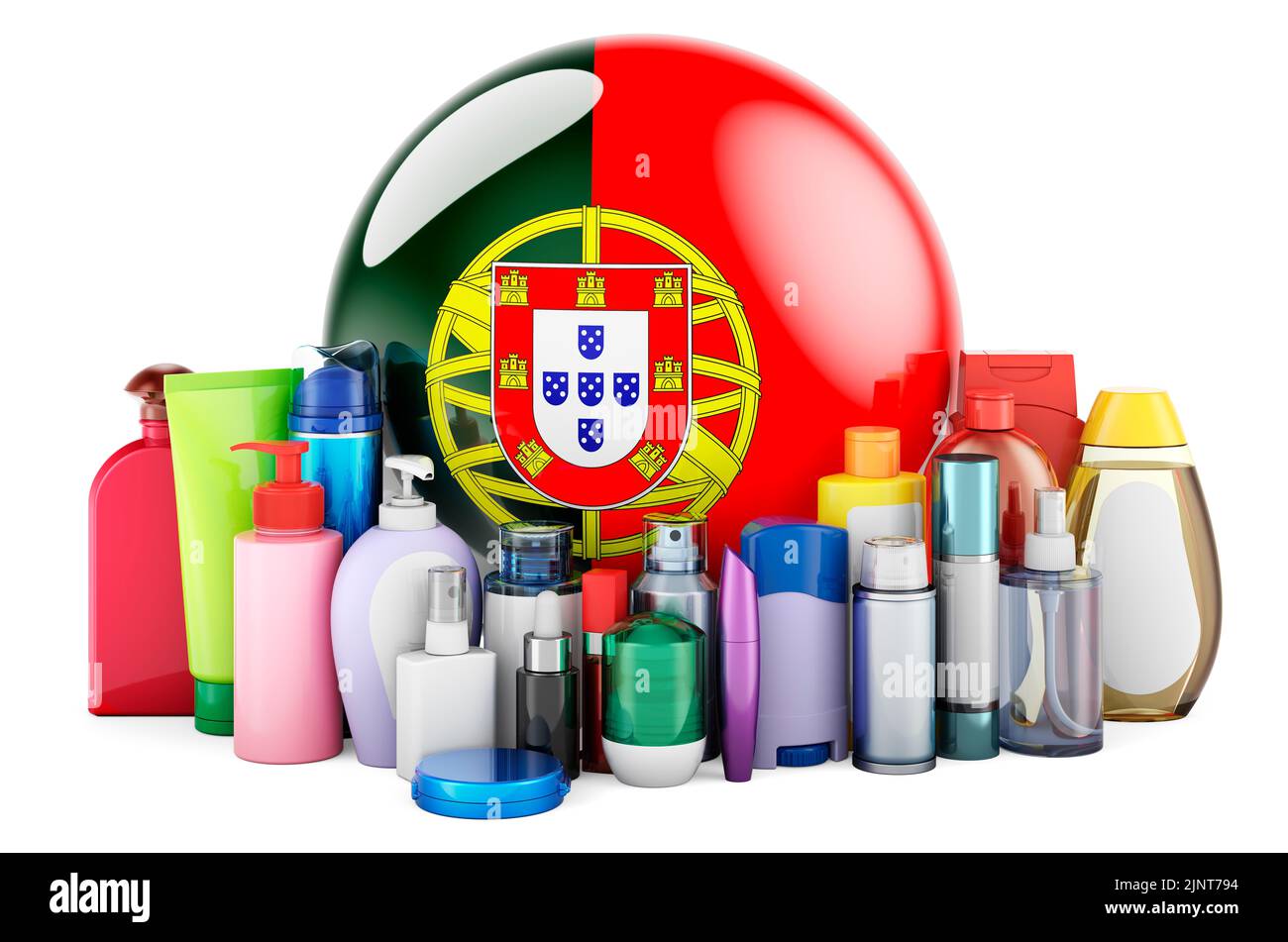 Portuguese flag with cosmetic bottles, Hair, facial skin and body care ...