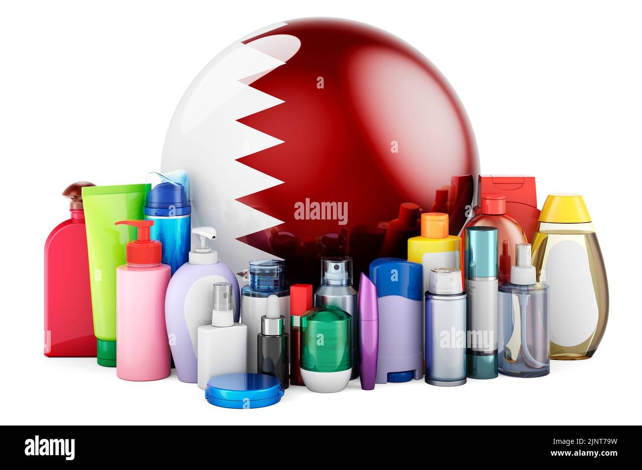 Qatari flag with cosmetic bottles, Hair, facial skin and body care ...