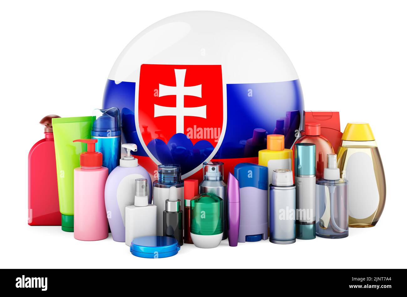Slovak flag with cosmetic bottles, Hair, facial skin and body care ...