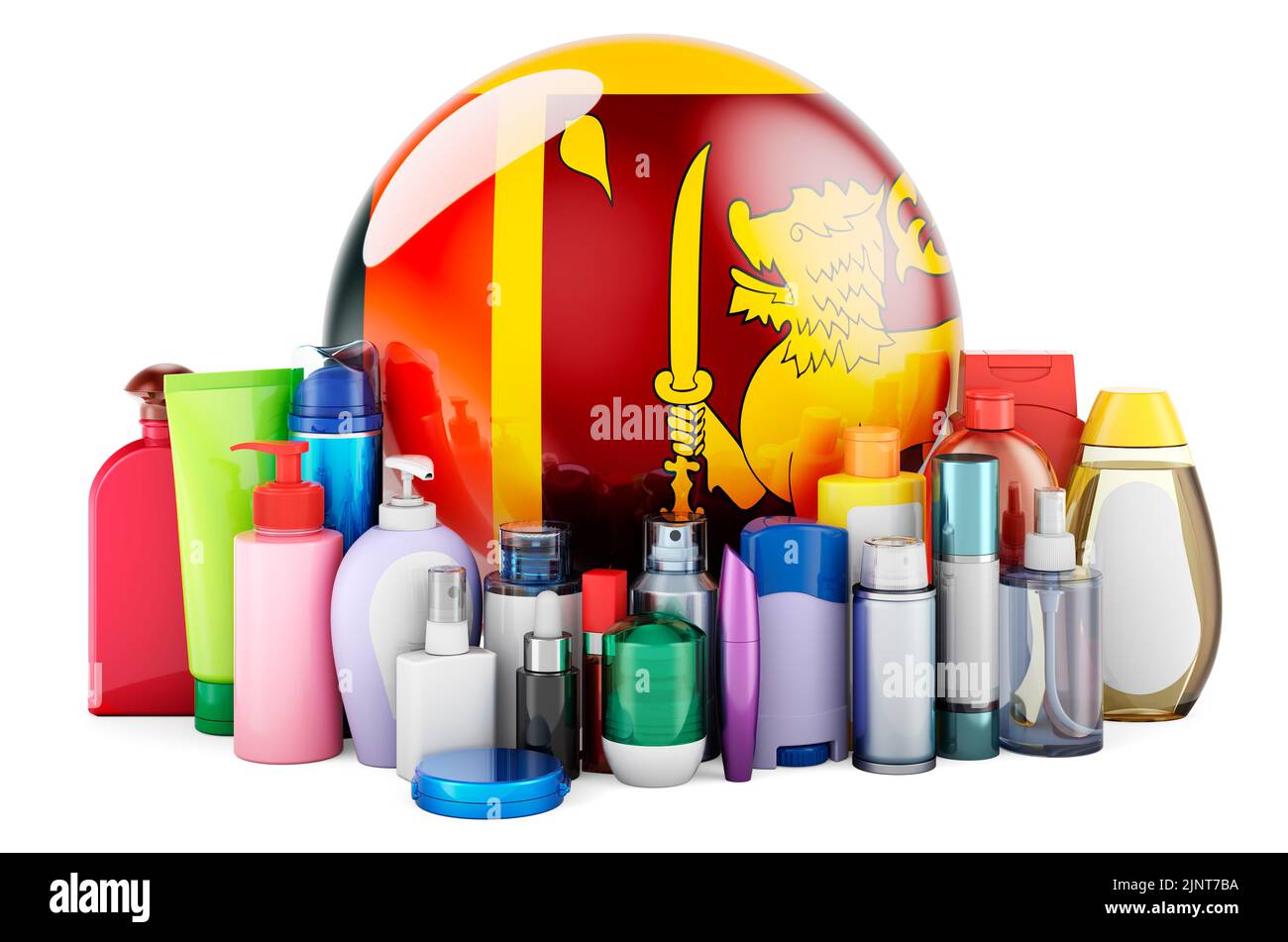 Sri Lankan flag with cosmetic bottles, Hair, facial skin and body care ...
