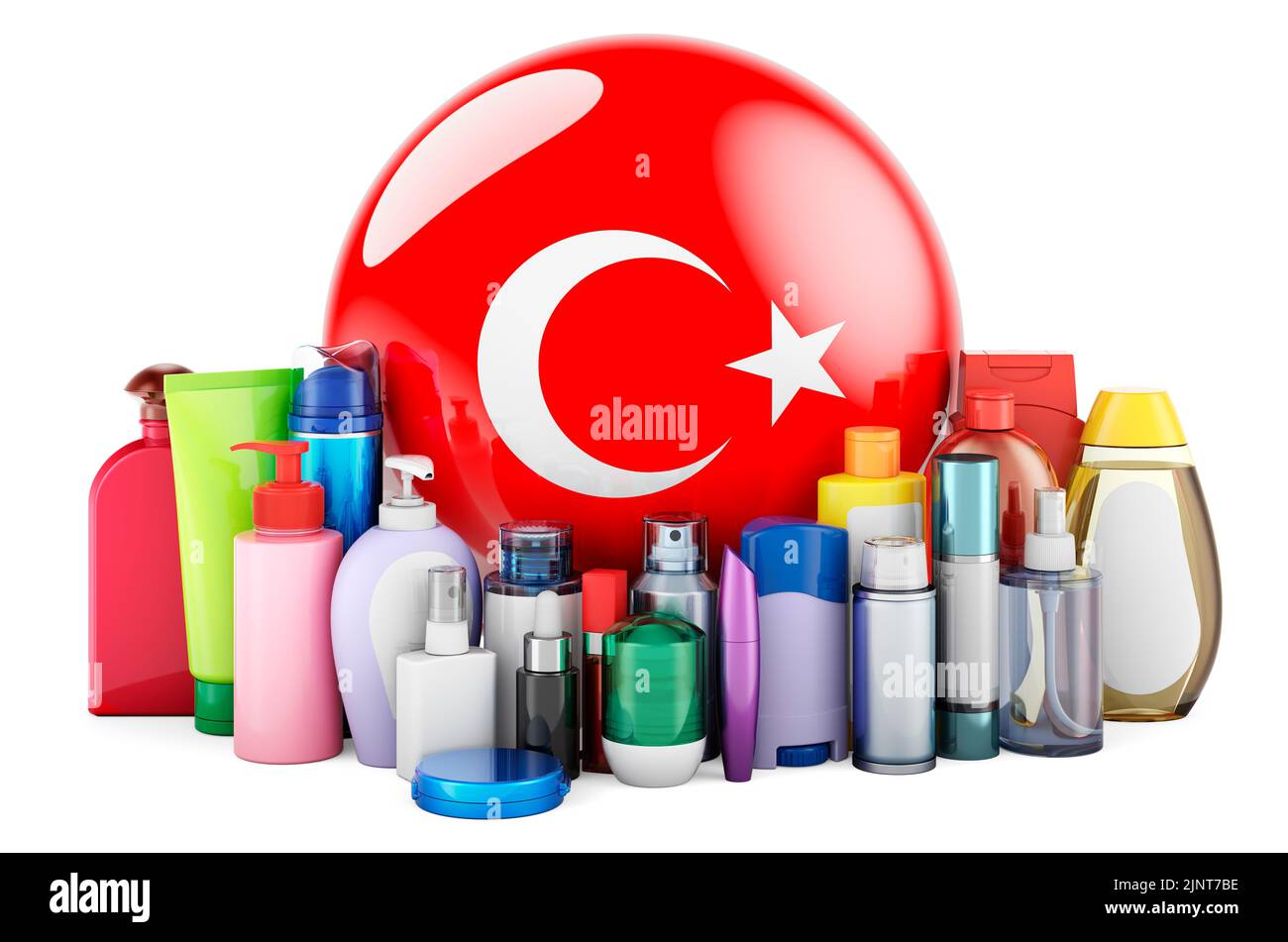 Turkish flag with cosmetic bottles, Hair, facial skin and body care ...
