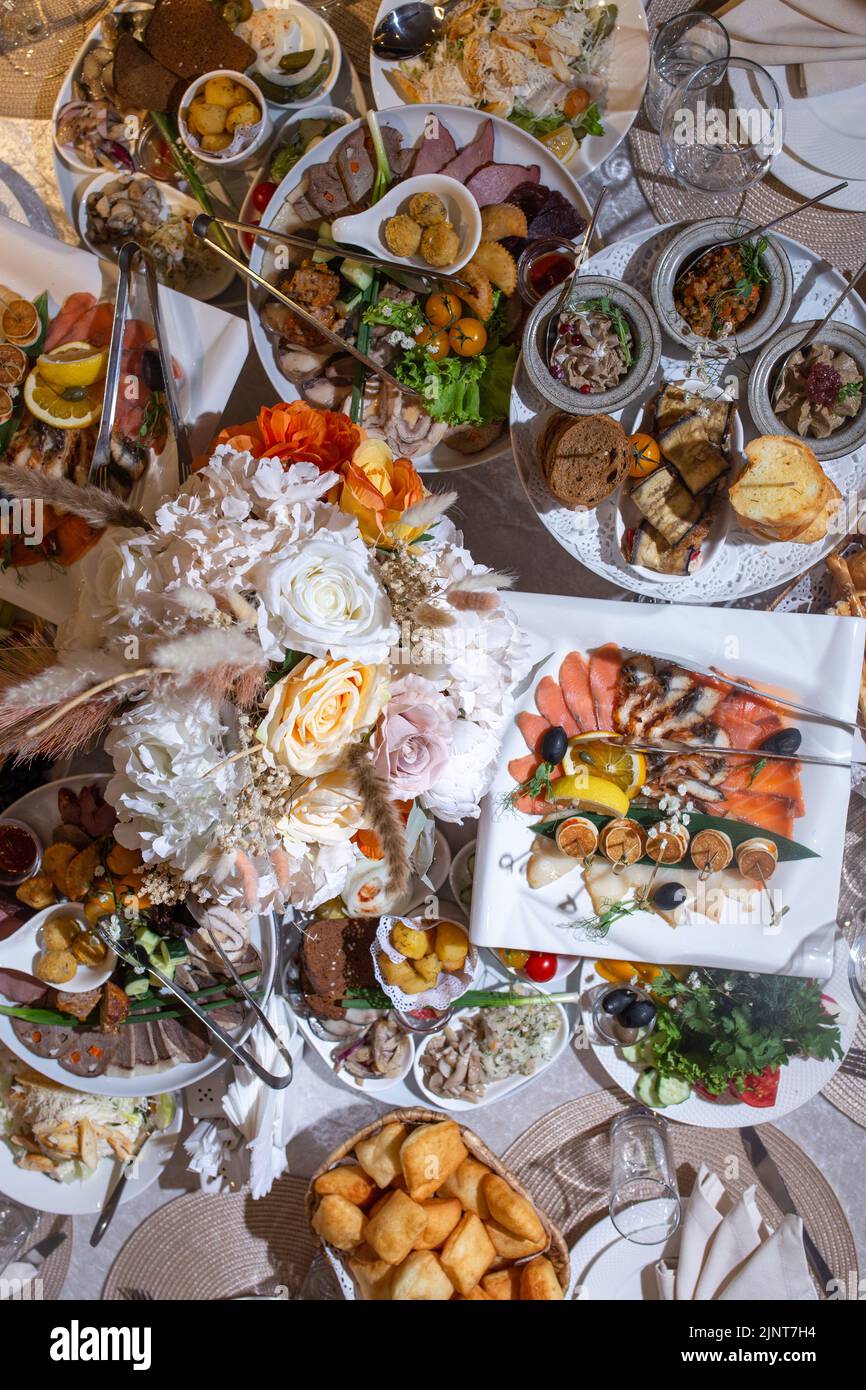 top view of the festive banquet table at the event top view Stock Photo ...
