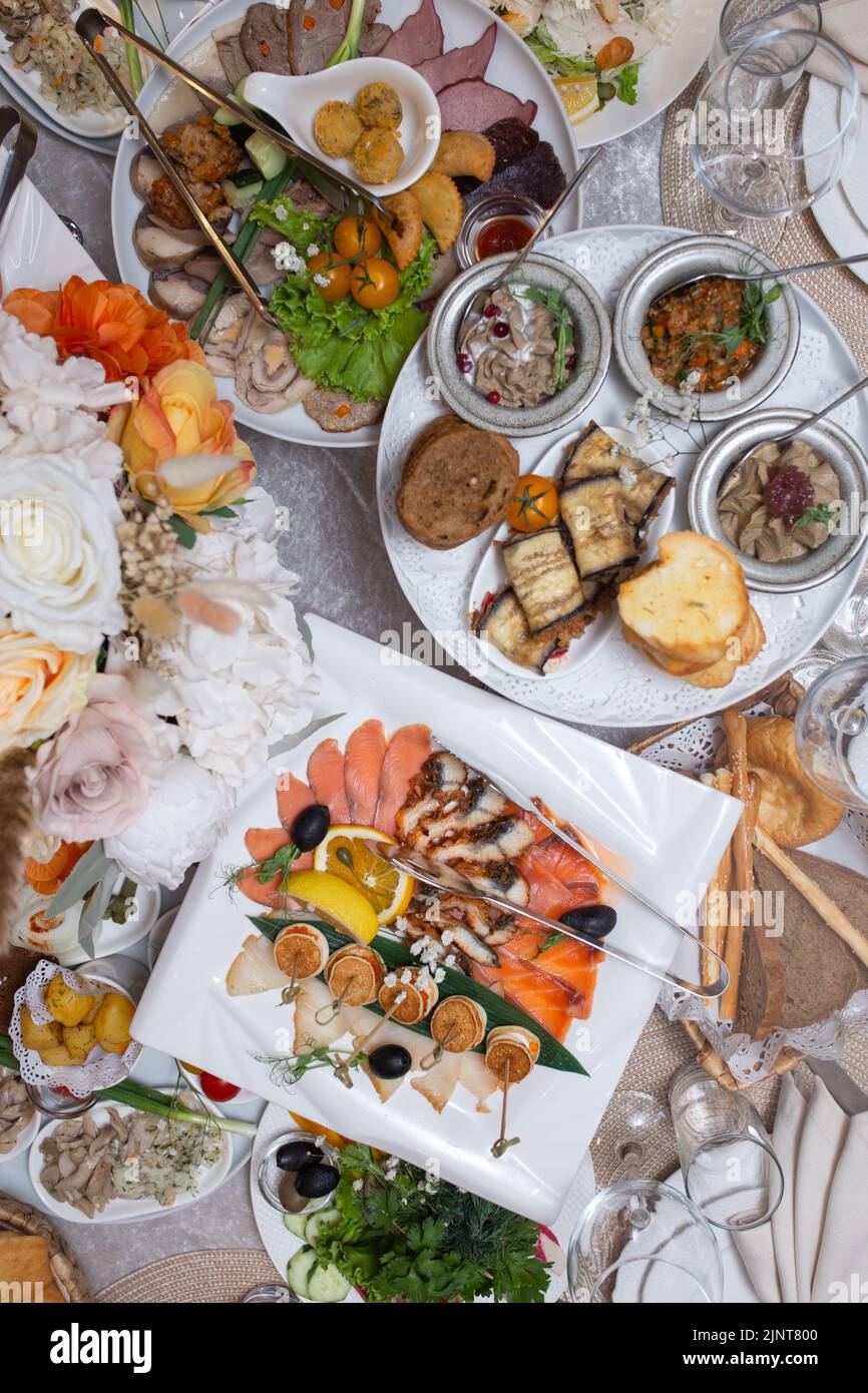 top view of the festive banquet table at the event top view Stock Photo ...