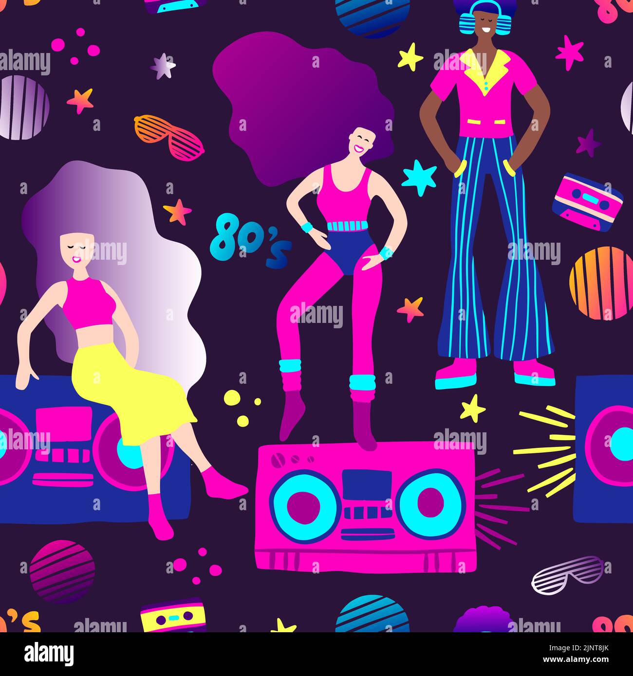 Vintage retro woman man characters audio boombox player seamless ...