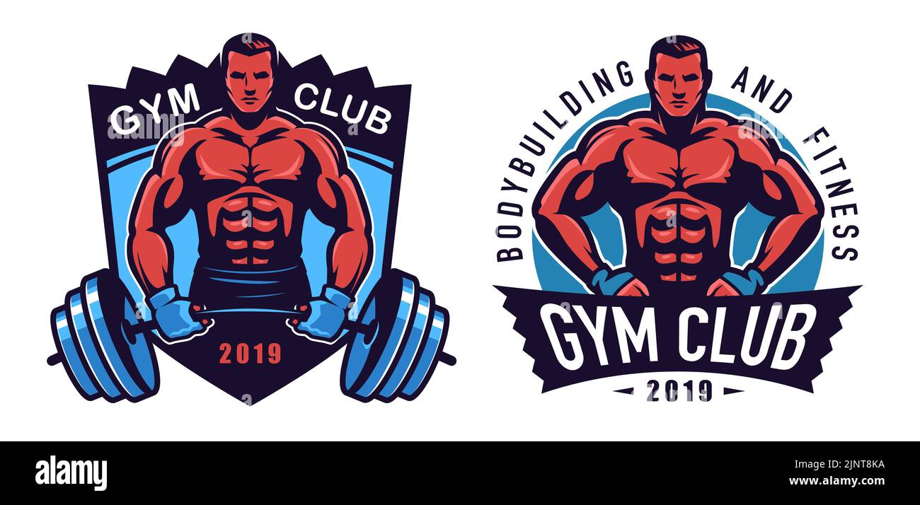 Gym and fitness logo set. Sporty and athletic man emblem. Muscular body ...
