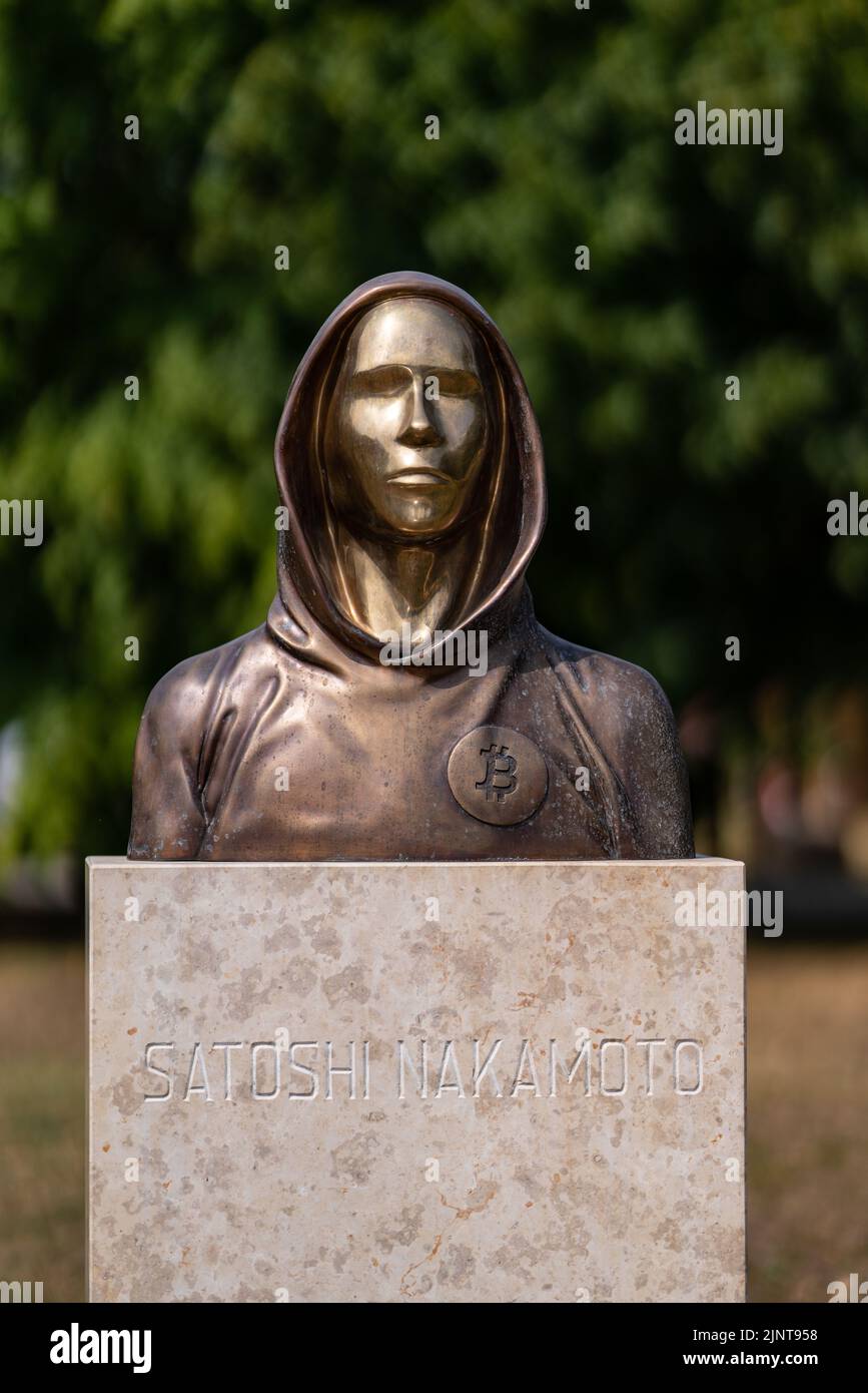 Budapest, Hungary -August 7, .2022: Portrait of the statue of Satoshi ...