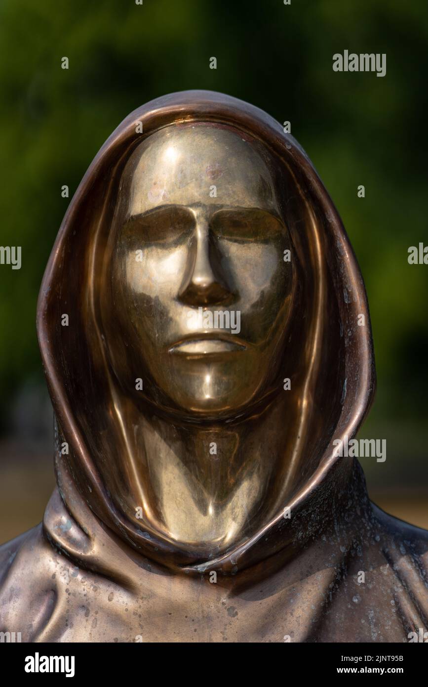 Budapest, Hungary -August 7, .2022: Portrait of the statue of Satoshi ...