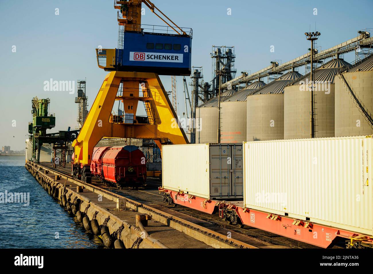 DB Cargo freight wagons are parked in the port of Constanta. In the ...