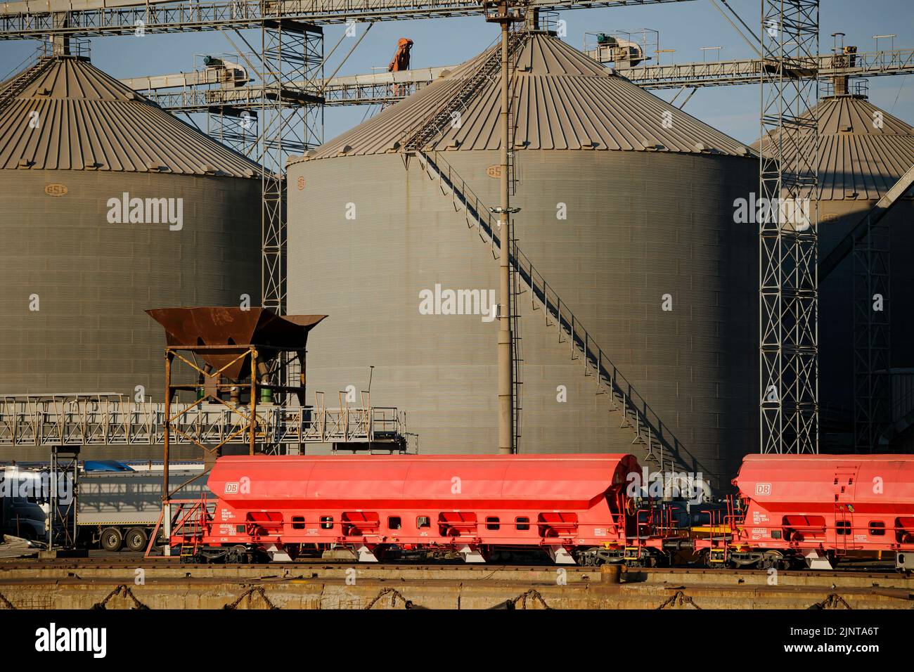 DB Cargo freight wagons are parked in the port of Constanta. In the ...