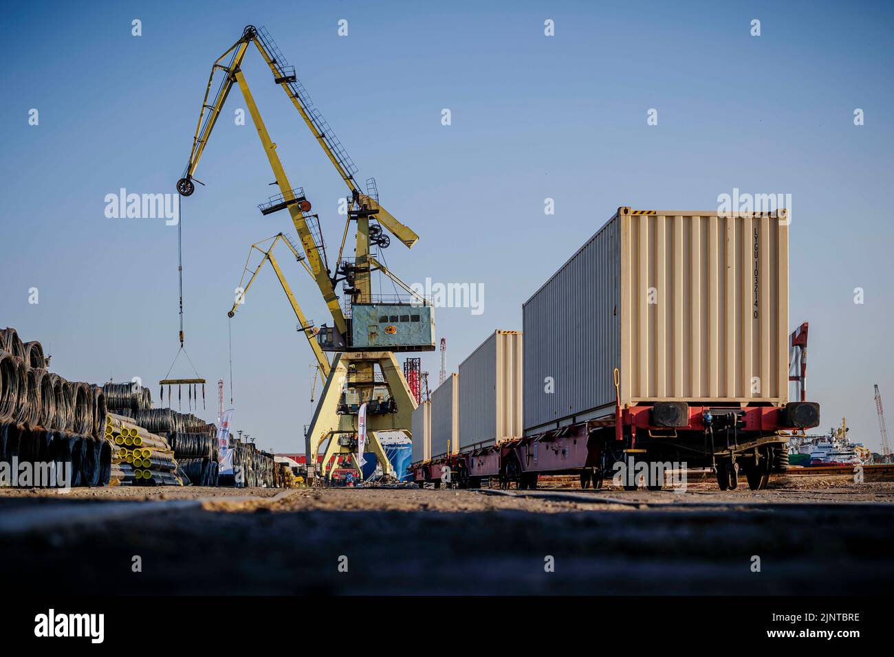 DB Cargo freight wagons are parked in the port of Constanta. In the ...