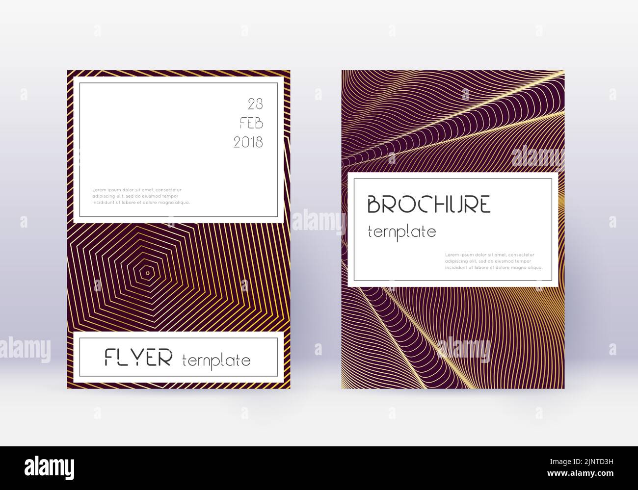 Stylish cover design template set. Gold abstract lines on maroon ...