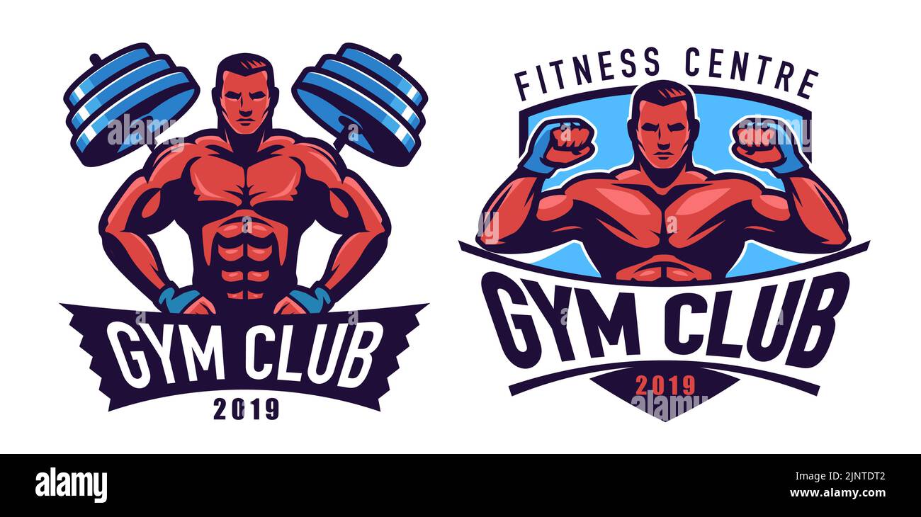 Gym badges set. Bodybuilding label, weightlifting, fitness badge. Athlete muscles sports emblem ...