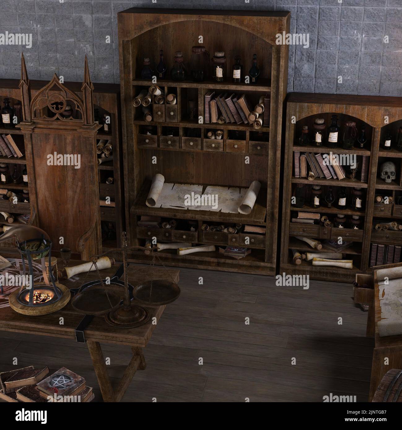 3d-illustration of an empty wizard room or witch lab Stock Photo - Alamy