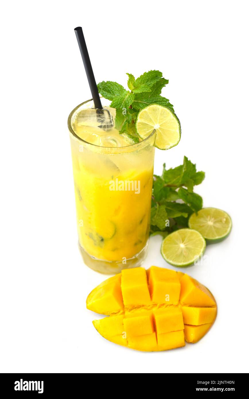 Mango mojito in highball glass with sliced mango isolated on white ...