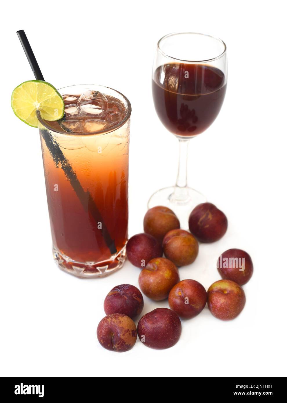 Plum whine highball cocktail and wine glass with plums isolated on white background Stock Photo ...