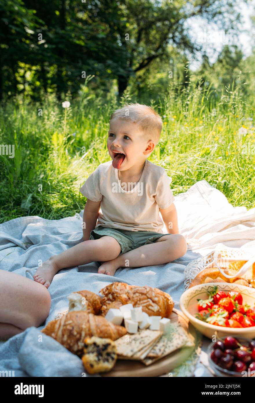 Boy child preschooler on a picnic. Smiles, eating cherries and enjoying ...