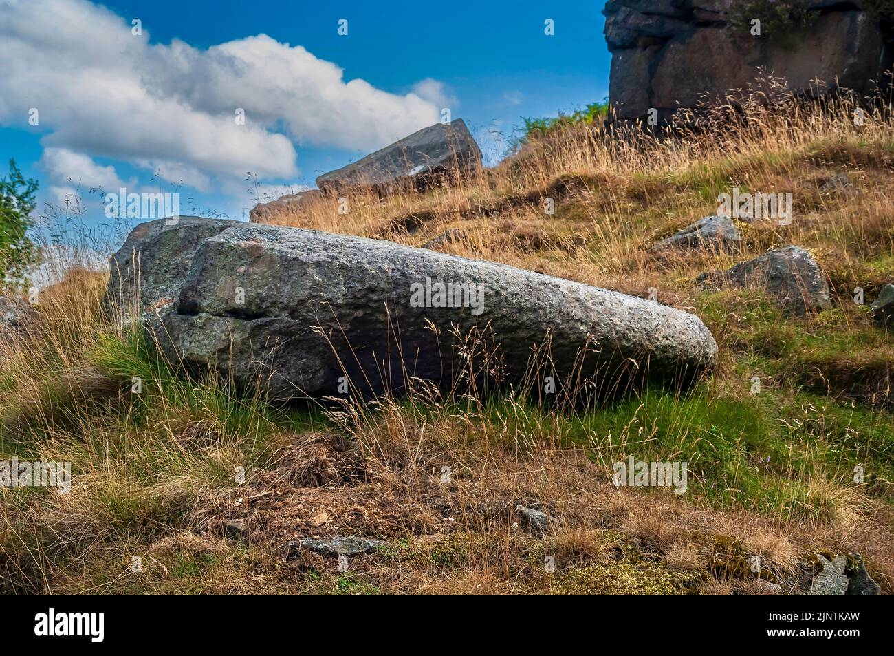 Abandoned handmade millstone lying on the ground at Dobb Edge Quarry ...