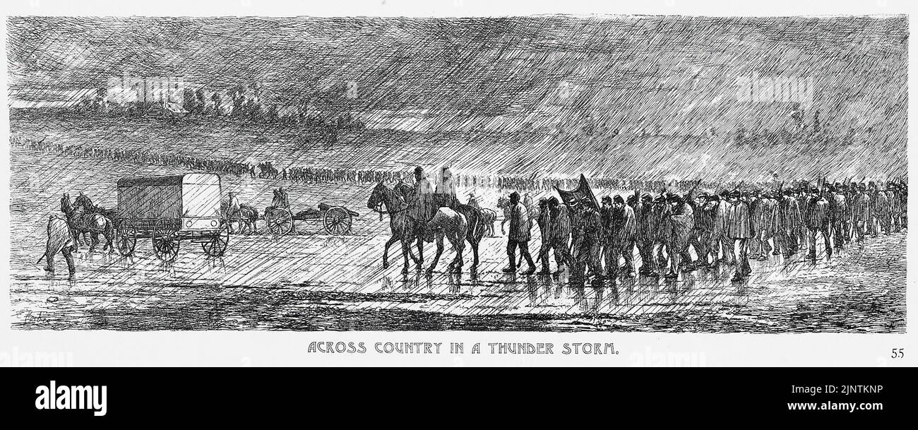 Across Country in a Thunder Storm. Union Army marching in the rain ...